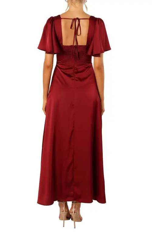 PETAL & PUP Casper Flutter Sleeve Satin Dress - Wine