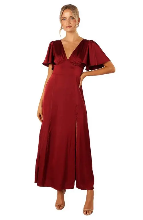 PETAL & PUP Casper Flutter Sleeve Satin Dress - Wine