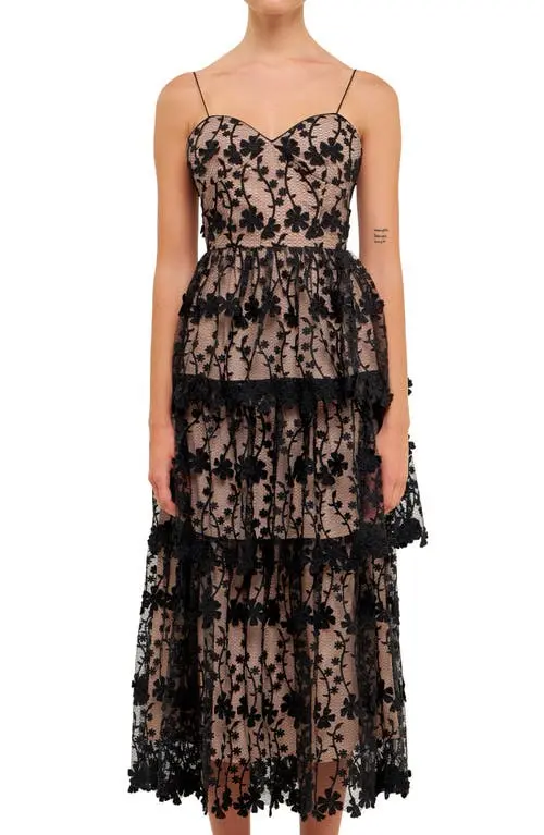 Endless Rose Floral Embroidered Tiered Dress - Black