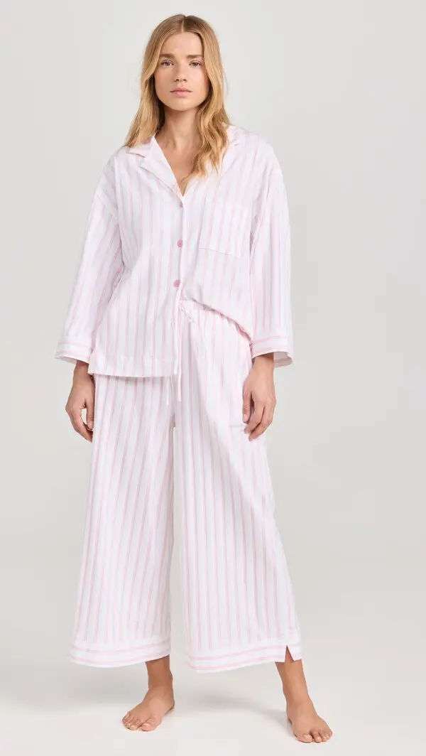PETITE PLUME Luxe Pink Stripe Wide Leg Pajama Set