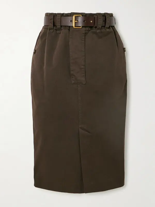 Saint Laurent Belted Leather-trimmed Denim Midi Skirt