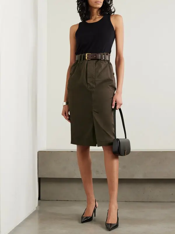 Saint Laurent Belted Leather-trimmed Denim Midi Skirt