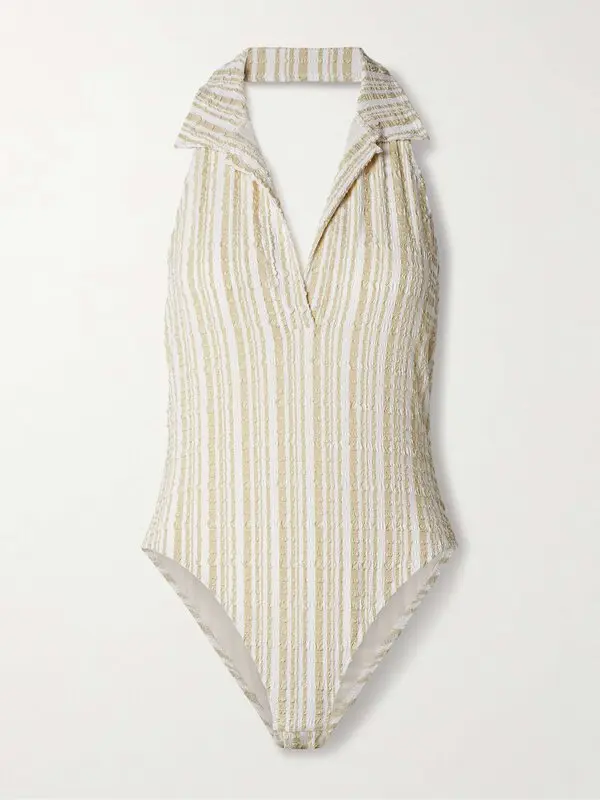 Lisa Marie Fernandez Polo Striped Seersucker Halterneck Swimsuit - Cream