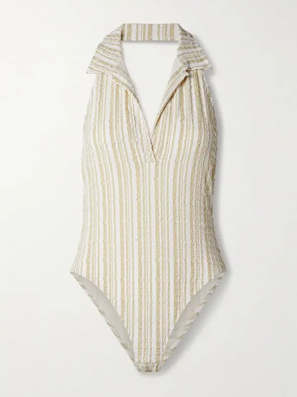 Lisa Marie Fernandez Polo Striped Seersucker Halterneck Swimsuit - Neutrals
