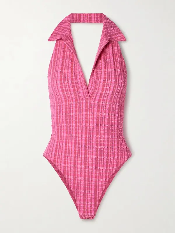 Lisa Marie Fernandez Polo Striped Seersucker Halterneck Swimsuit - Pink