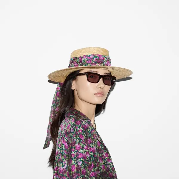 Gucci Straw Wide Brim Hat With Ribbon - Beige | Editorialist display picture 3