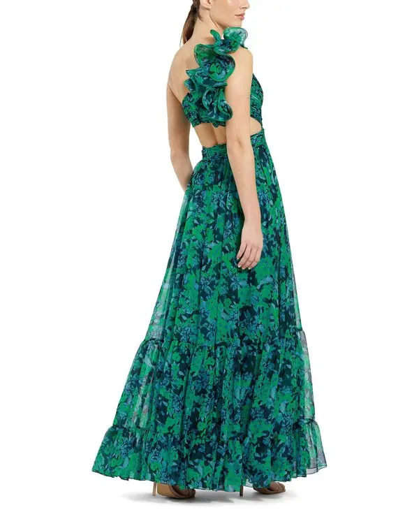 Mac Duggal One-shoulder Ruffle Tiered Cut-out Chiffon Gown - Black Multi