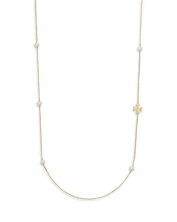 Tory Burch Kira Cultured Pearl & T Monogram Strand Necklace - Gold/pearl