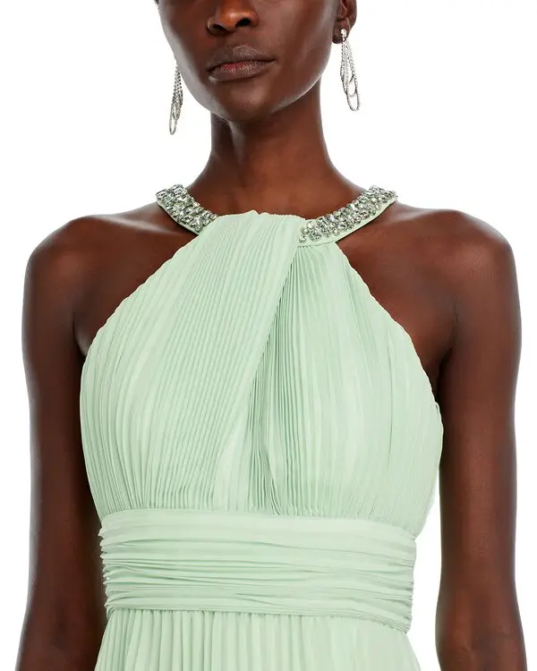 Eliza J Embellished Halter Neck Pleated Dress In Sage - 79% Off |  Editorialist