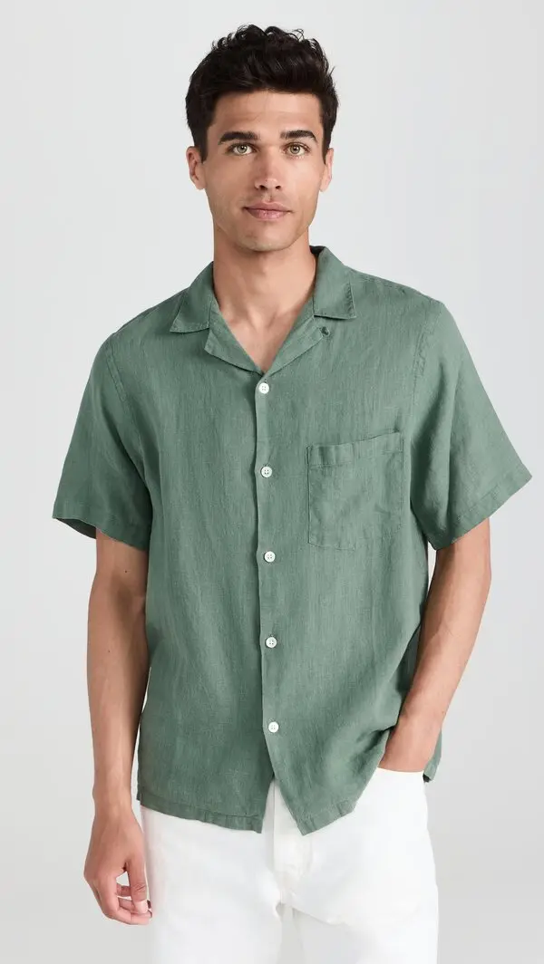 Portuguese Flannel Linen Camp Collar Shirt - Dry Green