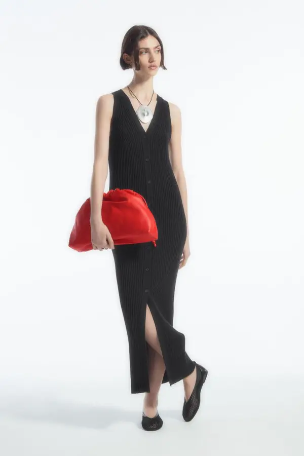 cos buttoned rib-knit maxi dress Cos Buttoned Rib-Knit Maxi Dress In Black - 50% Off