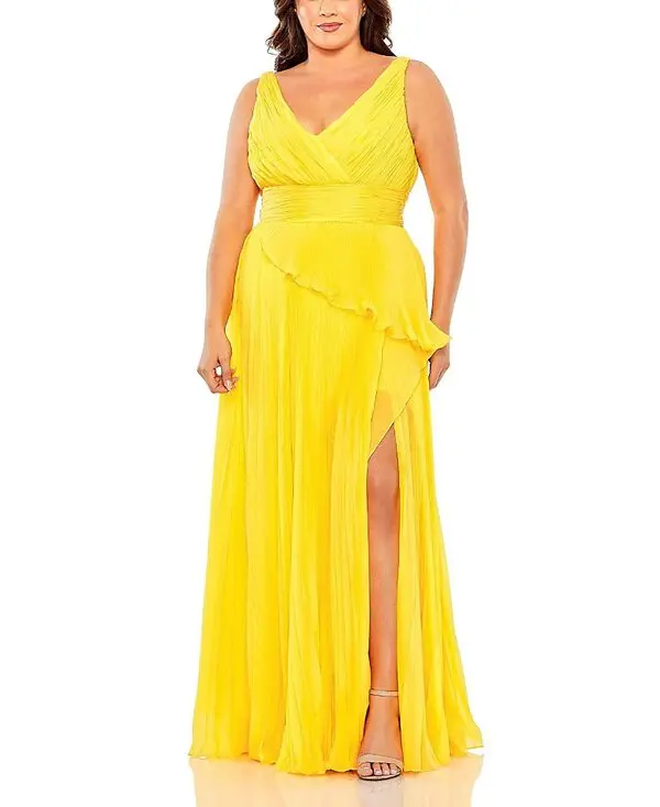Mac Duggal Chiffon Pleated V-Neck Ruffle Gown In Marigold - 50% Off