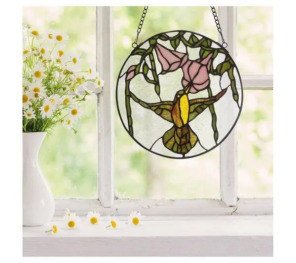 RIVER OF GOODS 10'h Hummingbird & Hibiscus Stai Ned Glass Panel - One-color