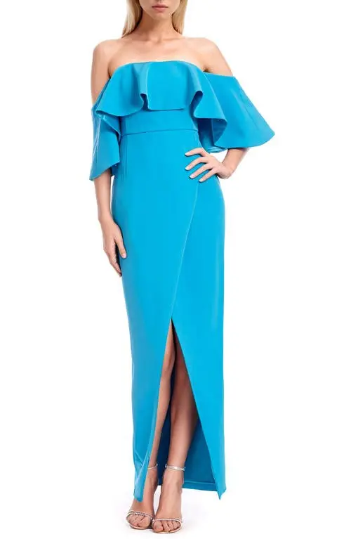 Badgley Mischka Ruffle Off The Shoulder Gown - Turquoise