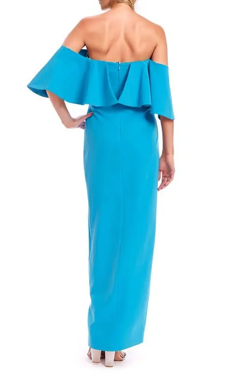Badgley Mischka Ruffle Off The Shoulder Gown - Turquoise