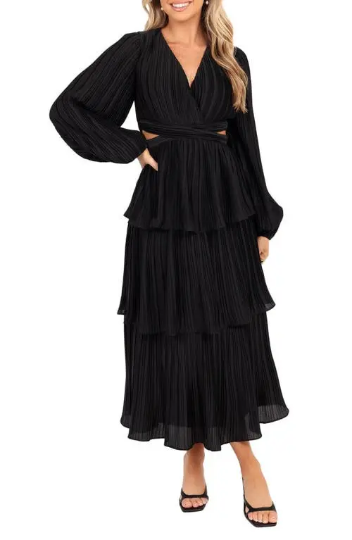 Petal & Pup Pippa Cutout Long Sleeve Tiered Midi Dress - Black |  Editorialist