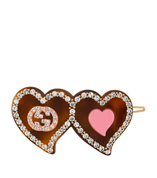 NEW GUCCI  Interlocking G Hearts Hair Clip $500 Brown Crystal GUCCI Interlocking GG crystal-embellished silver-tone hair  main image 3