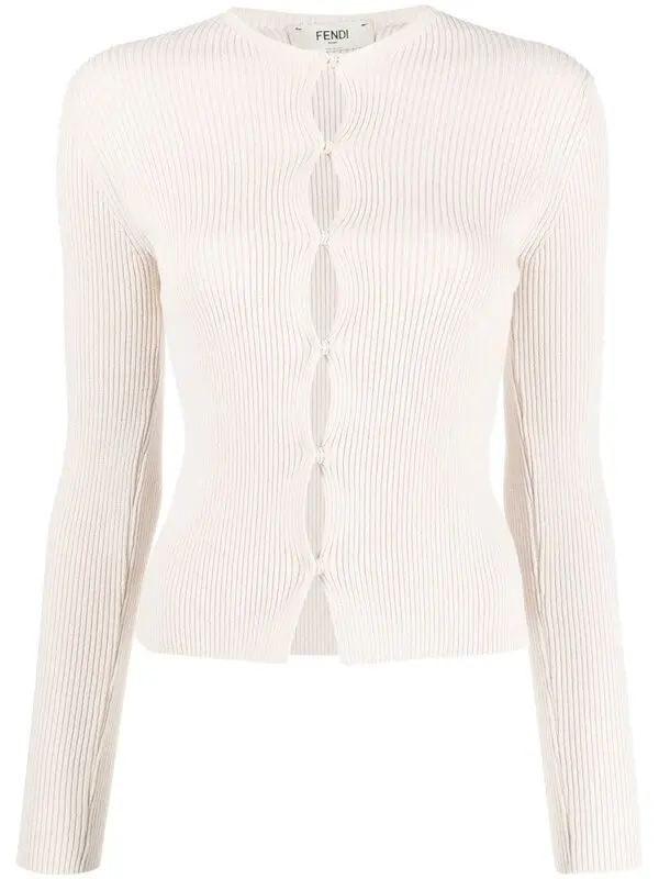 Fendi Ribbed-knit Cotton-blend Cardigan - Neutrals