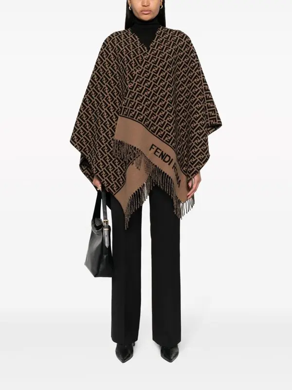 Fendi Ff-logo Print Virgin Wool-cashmere Blend Poncho - Brown