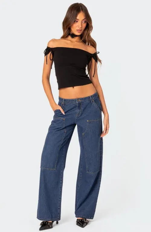 EDIKTED Jess Tie Sleeve Off The Shoulder Crop Top