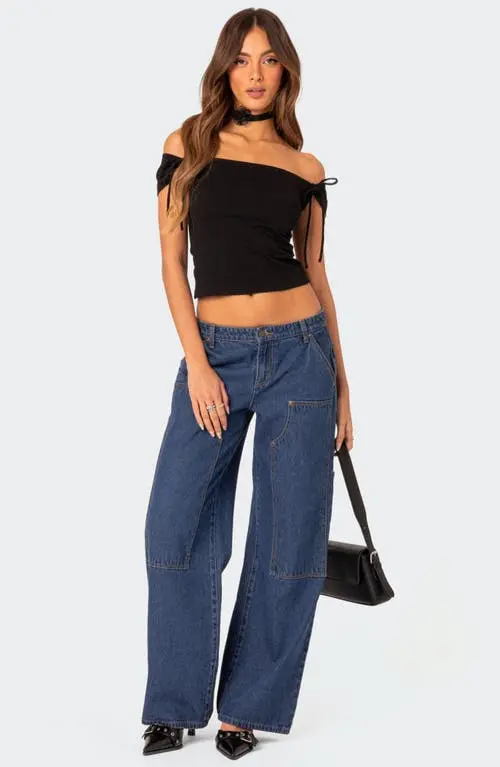 EDIKTED Jess Tie Sleeve Off The Shoulder Crop Top