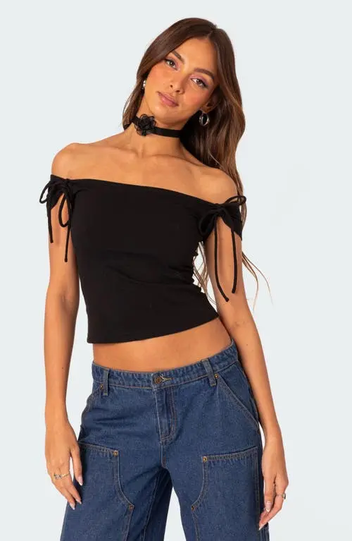 EDIKTED Jess Tie Sleeve Off The Shoulder Crop Top
