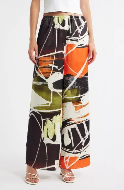 Topshop Print Pull-on Wide Leg Pants - Black