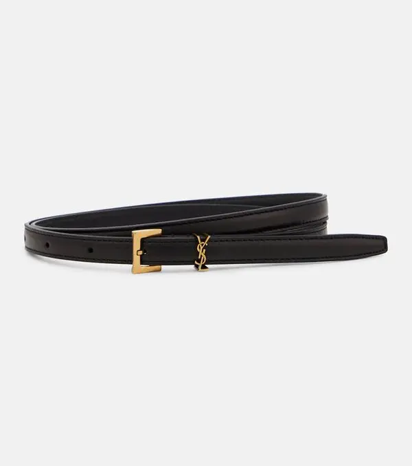 Saint Laurent Cassandre Slim Leather Belt - Black