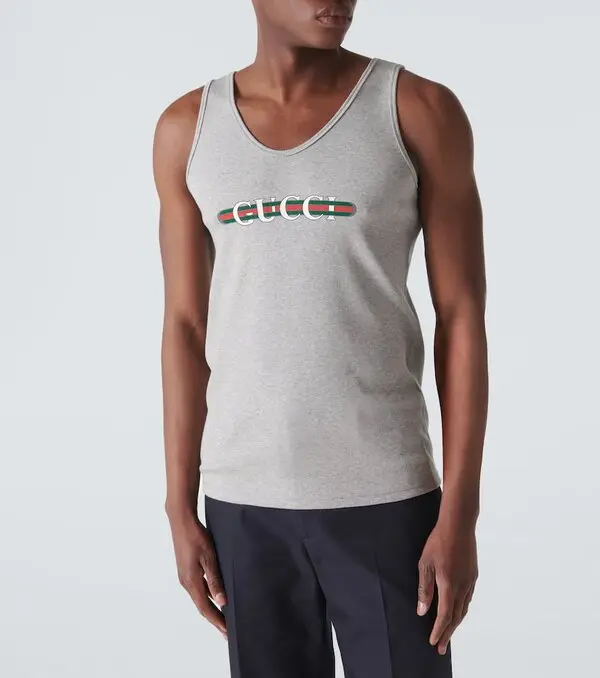 Gucci Logo Ribbed-Knit Cotton Jersey Tank Top - Grey | Editorialist