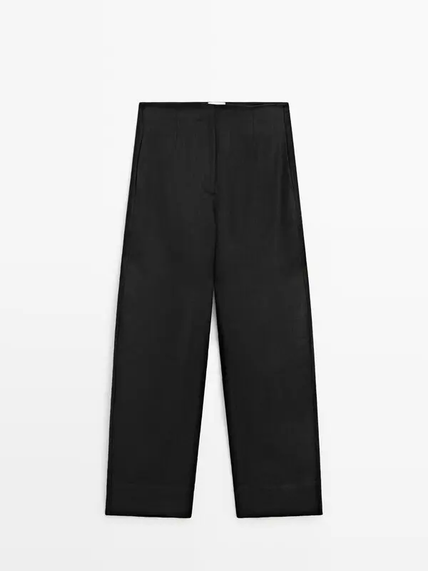 Massimo Dutti Linen Blend Barrel Fit Trousers - Black