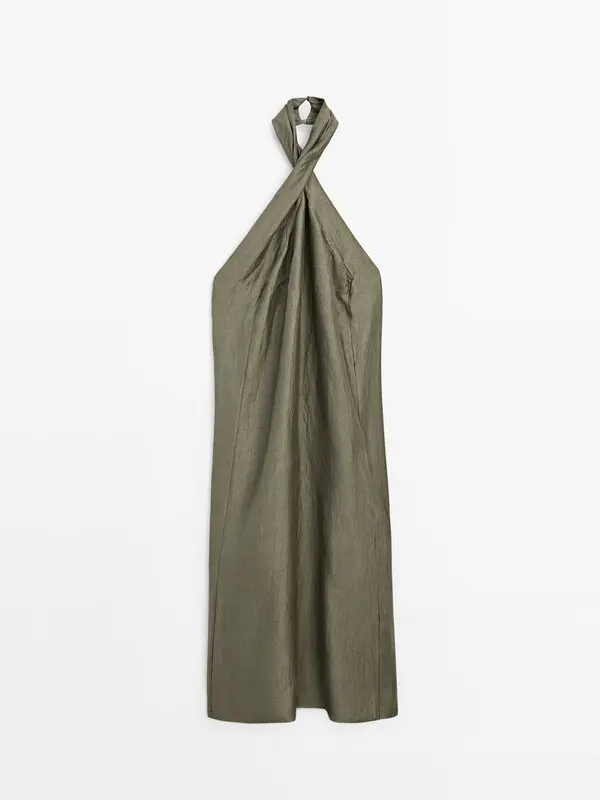 Massimo Dutti Linen Blend Halter Dress - Greyish Green | Editorialist
