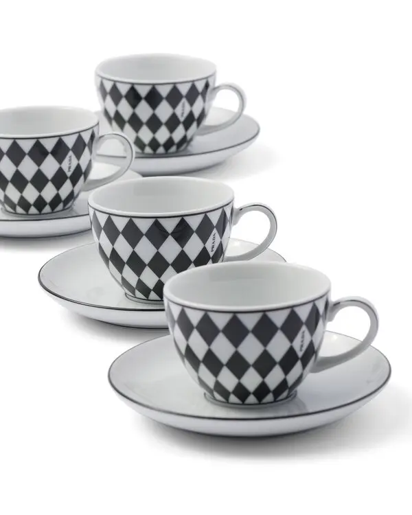 Prada Set Of Four Porcelain Espresso Cups Checkerboard - White