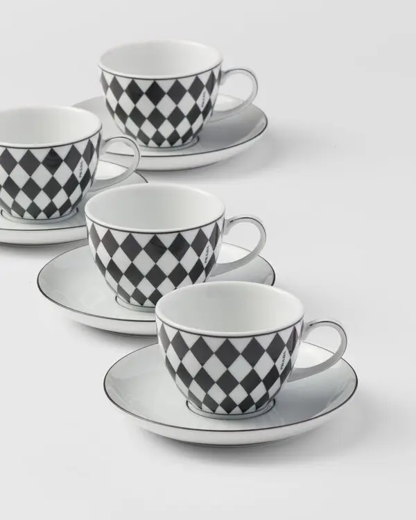 Prada Set Of Four Porcelain Espresso Cups Checkerboard - White
