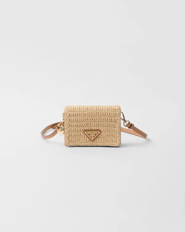Prada Raffia-effect Crochet Card Holder With Shoulder Strap - Natural