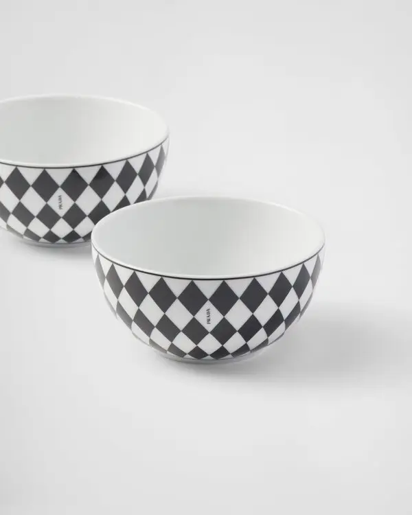 Prada Set Of Two Porcelain Rice Or Cereal Bowls Checkerboard