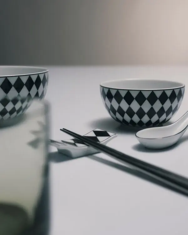 Prada Set Of Two Porcelain Rice Or Cereal Bowls Checkerboard