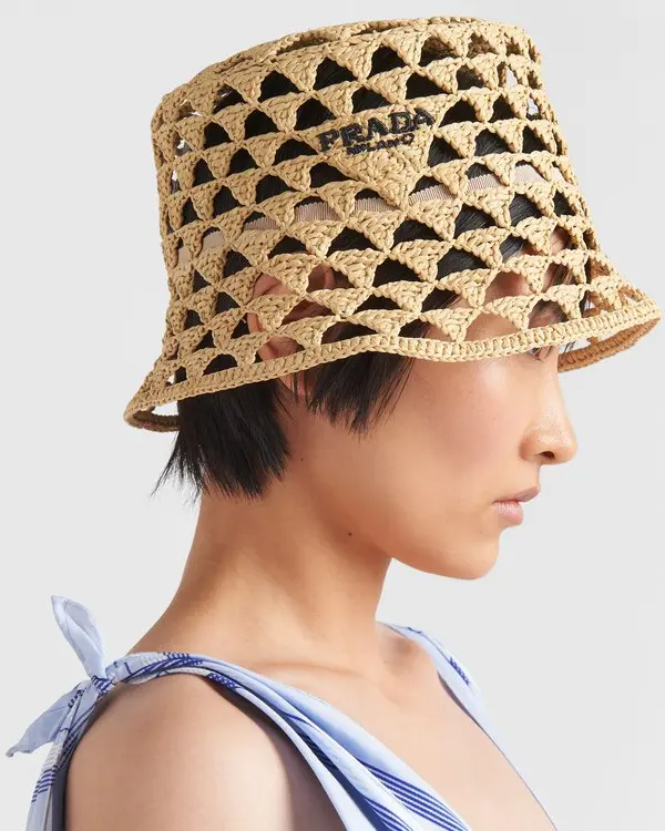 Prada Tan Crochet Straw Bucket Hat with Black Logo OOTD: Pilates ? @spiritualgangster @Prada @SAINT LAURENT  main image 3