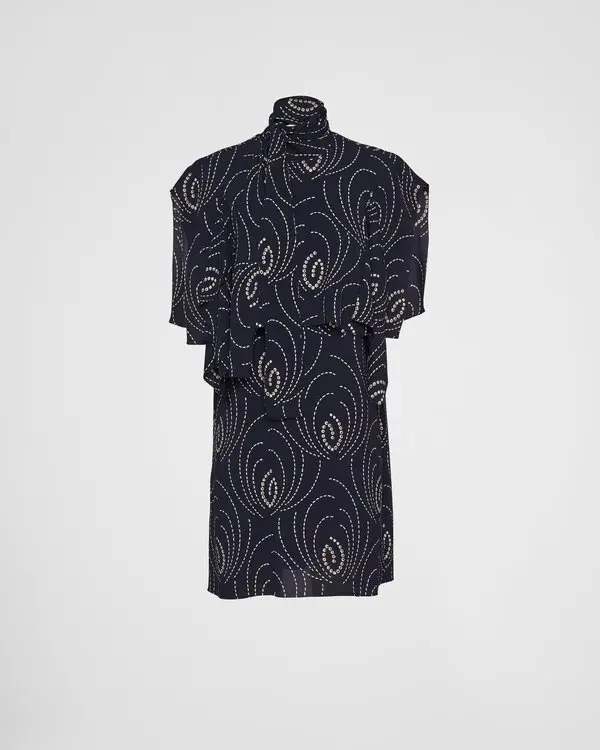 Prada Printed Sablé Mini-dress With Scarf Collar
