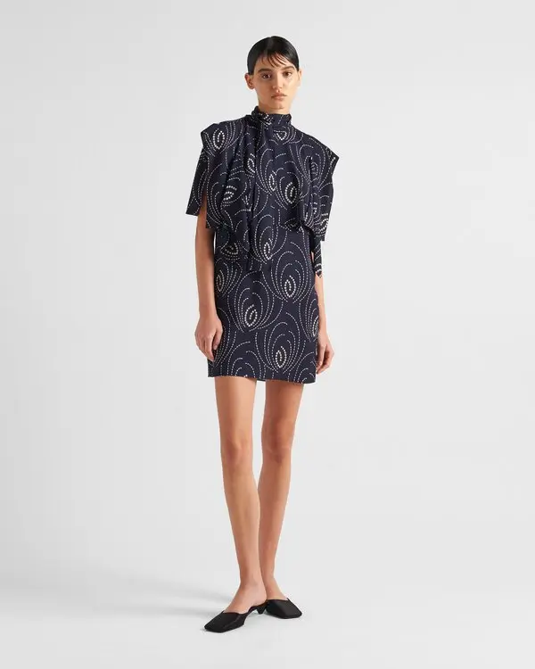 Prada Printed Sablé Mini-dress With Scarf Collar