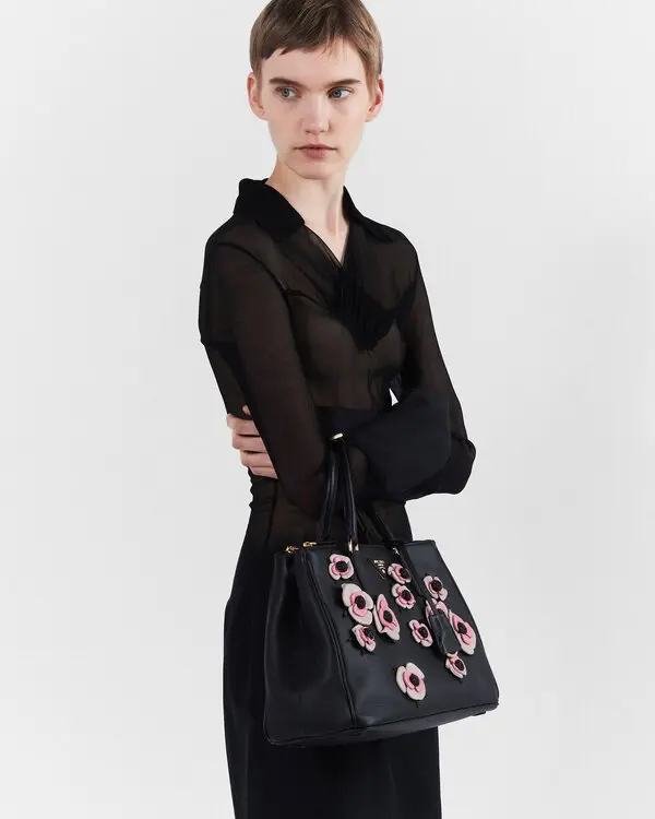 Prada Galleria Large Leather Bag With Floral Appliqués
