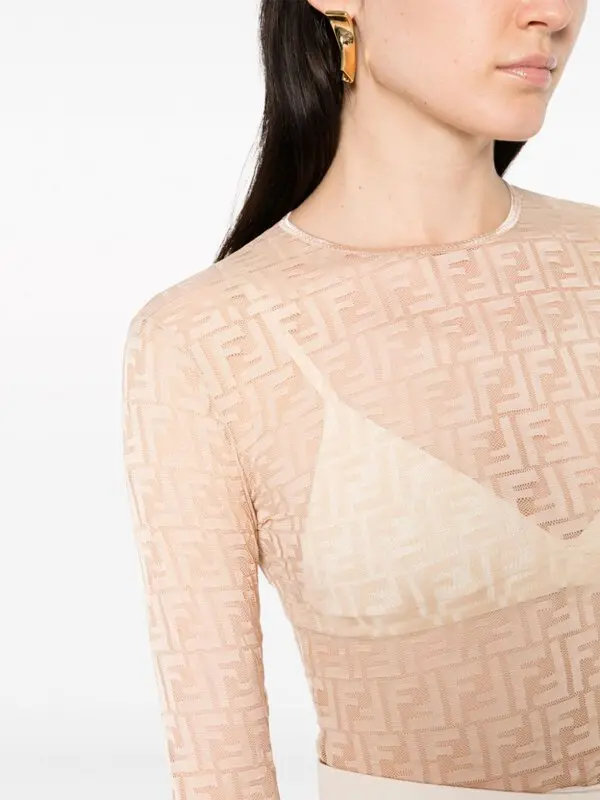Fendi Monogram-jacquard Mesh Bodysuit - Neutrals