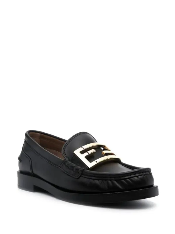 Fendi Ff Logo-plaque Leather Loafers - Black
