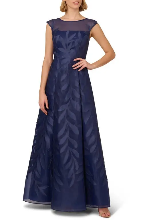 Adrianna Papell Leaf Appliqu Organza Gown - Navy Sateen | Editorialist