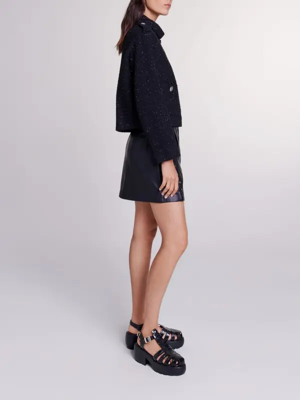 Maje Cropped Decorative Tweed Jacket With Silver Clover Buttons