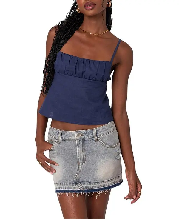 EDIKTED Linen Look Open Back Top - Navy