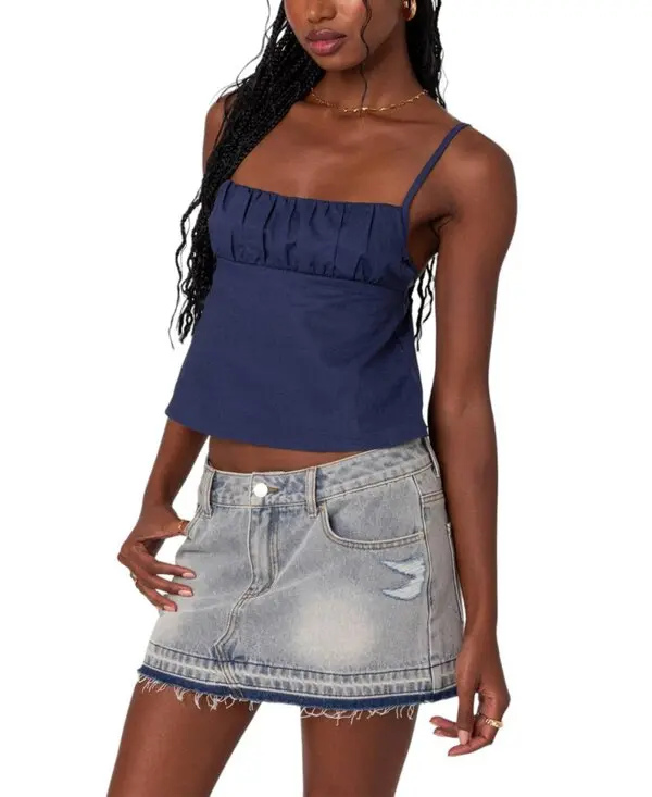 EDIKTED Linen Look Open Back Top - Navy