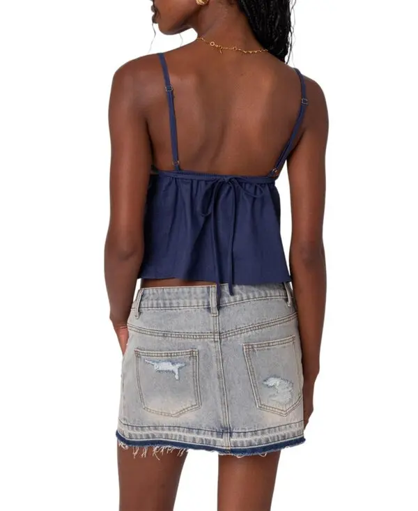 EDIKTED Linen Look Open Back Top - Navy