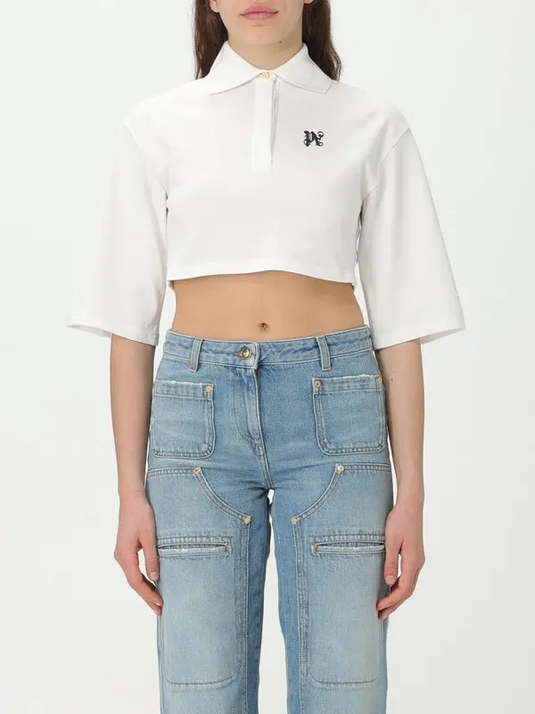 Palm Angels Cropped Polo Shirt With Embroidered Logo - White