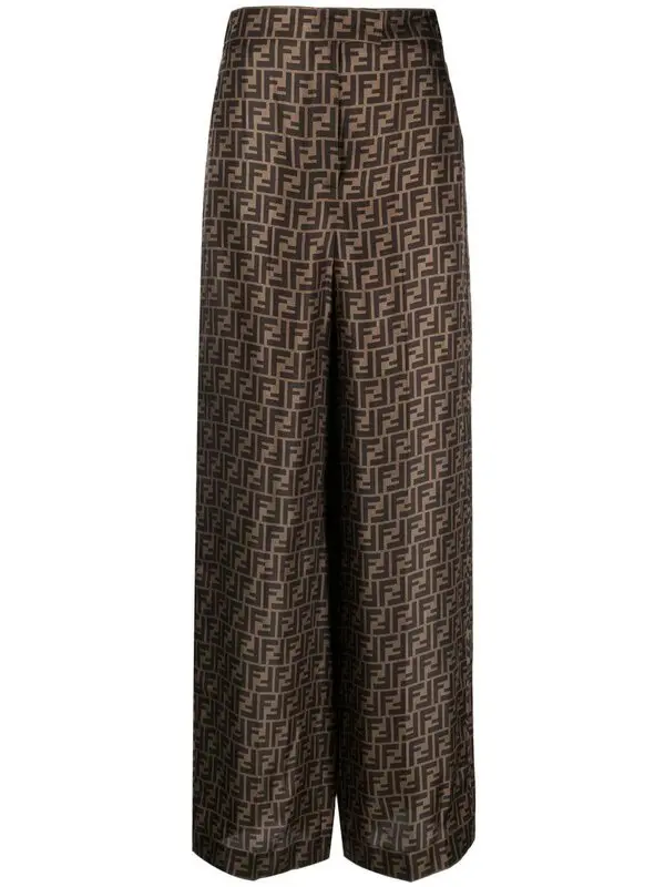 Fendi Ff Motif Silk Palazzo Trousers - Brown