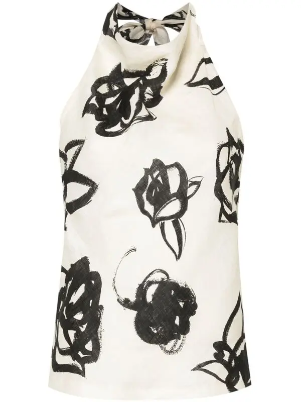 MSGM Floral Linen Halterneck Top - Neutrals